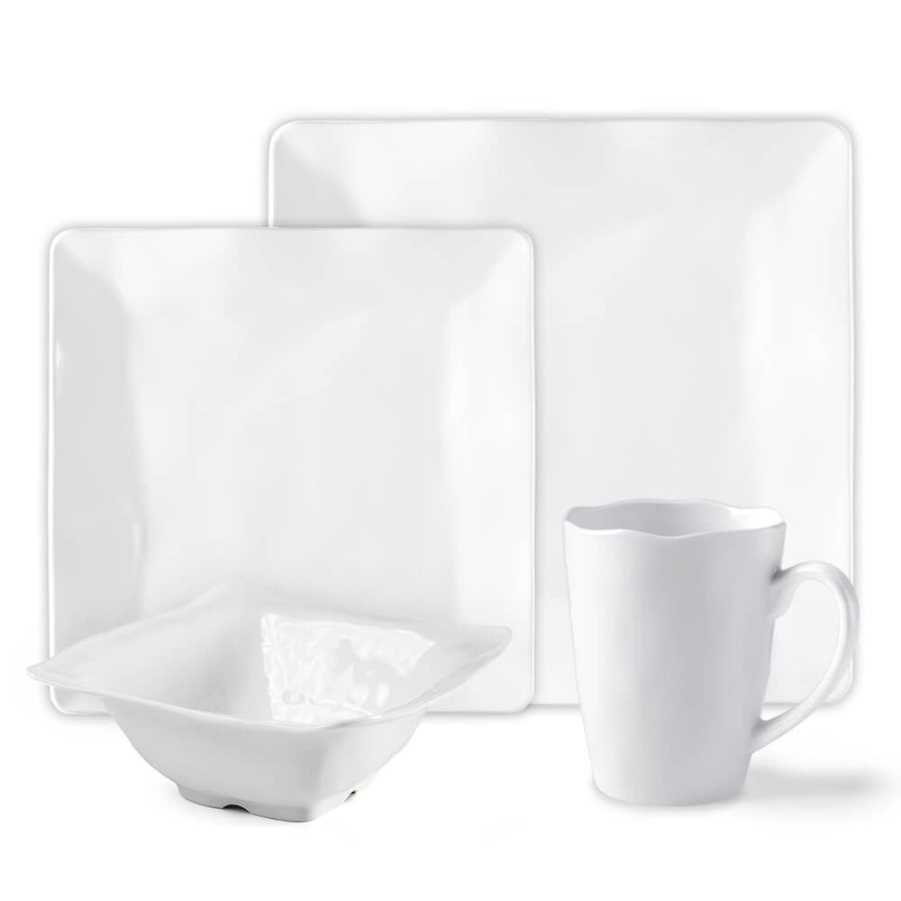 Ruffle White Melamine Square 16pc Dinnerware Set | Q Home